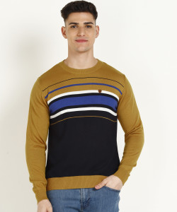 Raymond Striped Round Neck Casual Men Yellow Sweater - Buy Raymond ...