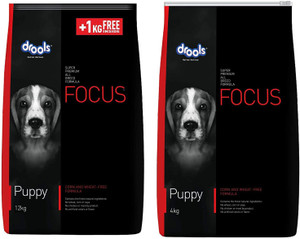 Drools Focus Puppy Super Premi Dog Food, 4kg & Focus Puppy Dog Food, 12 ...