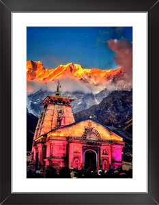 Synthetic Wood Framed Kedarnath Temple Wall Poster With Framed, 13.5 ...