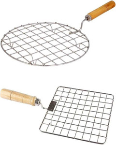 AK Store Round& Square Stainless Steel Roaster Papad Jali with Wooden ...