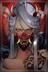 Japanese Art Samurai Oni Girl Mask Horns Women Digital Painting Matte ...