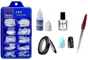 J & F Fake Nails With Glue ,5 Nail tape & Top Coat Nail Paint ,Nail ...