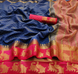 Buy Lilan fashion Woven Kanjivaram Silk Blend Blue, Pink Sarees Online ...