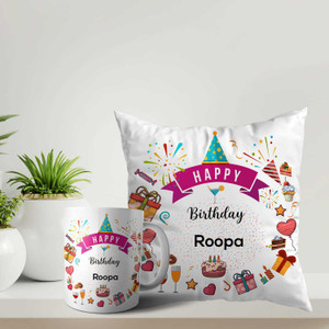 ARTBUG Happy Birthday Roopa Coffee Cup and Cushion with Filler Combo ...