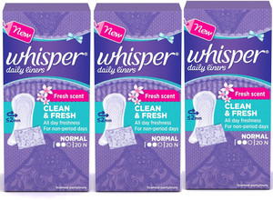 Whisper Clean and Fresh Daily Liners - (20+20+20 Count) Pantyliner ...