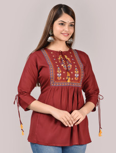 TUHINZIFAB Casual Embroidered Women Maroon Top - Buy TUHINZIFAB Casual ...