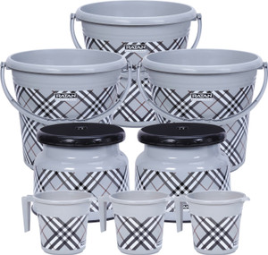 RATAN Frosty Bubble Print Grey Pack of 8 Bathroom Set (Bucket x 3, Mug ...
