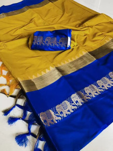 Buy creazy fashion Solid/Plain Banarasi Cotton Silk Multicolor Sarees ...