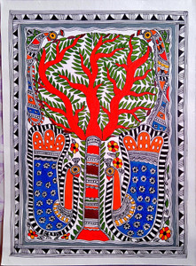MITHILA HUNAR 'Four peacocks and tree' MADHUBANI PAINTING Acrylic 14.5 ...