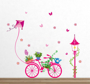 SUDARSHAN DESIGNS 107 cm Bicycle Kite Flowers Lamp Wall Sticker PVC ...