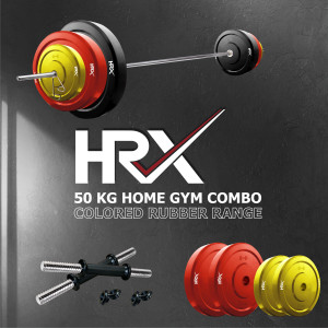 HRX 50 kg Solid Rubber Kit - 3 Ft Plain and One Pair Dumbbell Rods Home ...