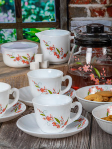 cello Pack of 17 Opalware Tea Set (6 Cup, 6 Saucer, 2 Bowl, 1 Sugar Pot ...