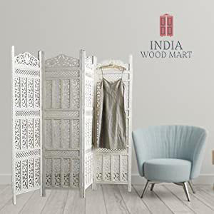 India wood mart Wooden Room Divider | 3 Panel White Design Partition ...