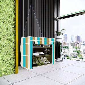 XIVIL Beige Strip Print Multipurpose Adjustable 3 Shelves Metal Shoe ...