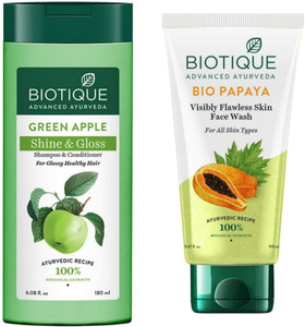 BIOTIQUE Green Apple Shampoo 180 ML & Papaya Face Wash 150 ML Price in ...