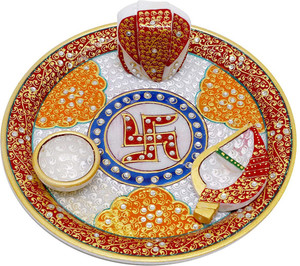 SHIKHA HANDICRAFT Marble Round Pooja Thali or Plate with Roli Rice ...