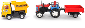 SARASI Tractor Trolley & Dumper Truck Combo, Pull Back Toy - Tractor ...
