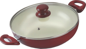 Alda Ceramic Coated Wok Pan with Glass Lid Kadhai 26 cm diameter with ...