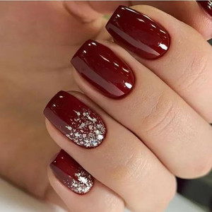 The Unique Square glitter artificial nails Red wine color - Price in ...