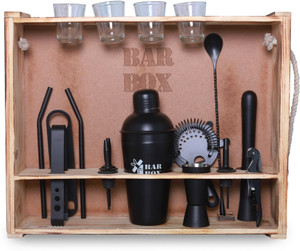bar box Cocktail Shaker Rustic Wood Stand Bartender Kit Bar Set (Black ...