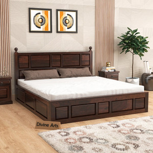 Divine Arts Sheesham Wood King Size Double Bed with Storage Box for ...