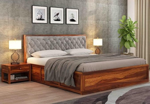 WOODSTAGE Sheesham Wood Queen Size Bed with Box Storage (Teak Finish ...