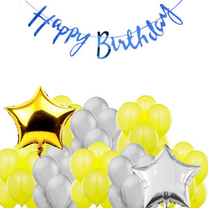 B4 Birthday Combo Blue Bunting + 30 Yellow+Silver Balloon +2 Gold ...
