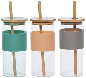 Goodhomes Glass Sipper with Silicon Grip & Wooden Lid & Wooden Straw ...
