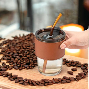 Deli Leather Grip Coffee Cup Sipper Glass with Straw 435 ml Glass ...