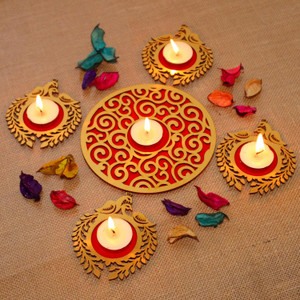 JSRS CREATIONS Wood Readymade Circle Rangoli Set with Tea Light Candle ...