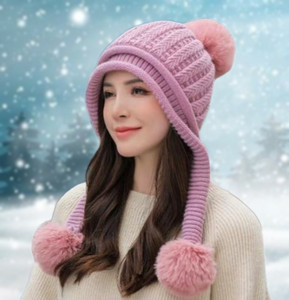 Winity Cute woolen warm soft fur Inside three pom-pom winter cap for ...