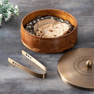 nestroots Wooden Chapati Box Roti Casserole with Tong for Dining Table ...