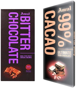 Amul BITTER 75% RICH IN FINEST COCOA BEANS & 99% CACAO DARK CHOCOLATE ...