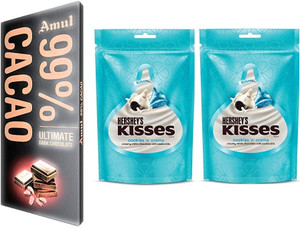 Amul 99% Cacao Chocolate, 125g & Kisses White Chocolates Cookies ...