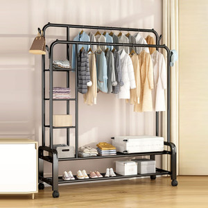 ADA Metal Double Rod Clothes Rail with 4 Side Hooks, 5-Tier Garment ...