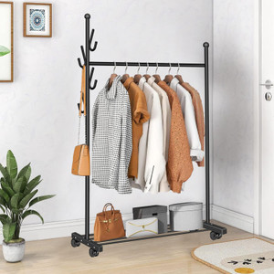 ADA Metal Clothes Hanging Stand with 5 Hooks & 1 Bottom Shelf, Movable ...