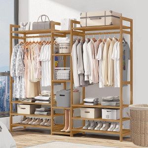 LEOPAX Clothes Rack with Double Rods & Storage Shelves Free Standing ...