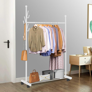 ADA Metal Clothes Hanging Stand with 5 Hooks & 1 Bottom Shelf, Movable ...