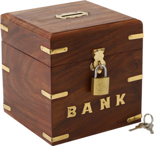 Decorize Wooden Money Bank with Lock, Square Shape Piggy Bank 5X5 Inch ...