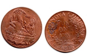 ANK 13B6_Lord Vishnu 1818 EIC UKL One Anna Copper India coin rare ...