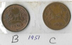 A1 International India 1951 Horse 1 Pice 2 Different Mint Coins Bombay ...