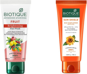 BIOTIQUE Fruit Face Wash 100 ML & Sun Shield Sun Flower SPF50 Matte Gel ...