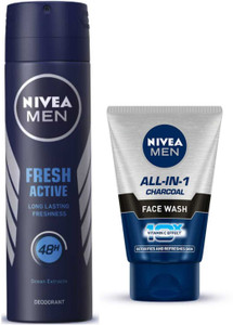 NIVEA FRESH ACTIVE DEODORANT SPARY & ALL IN ONE CHARCOAL FACE WASH 100 ...