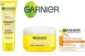 GARNIER BRIGHT COMPLETE VITAMIN C GEL FACEWASH-50g+UV CREAM-45g+WINTER ...