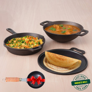 The Indus Valley Super Smooth Cast Iron Cookware Set +Free Tadka Pan ...
