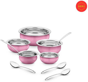 Meru meru stainless steel pink colour handi and serving spoon set ...