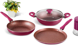 VINOD Lilac Non-Stick Cookware Set With 1 Common Glass Lid - Frypan ...