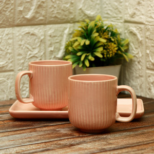 VIBEIN Pack of 2 Ceramic Pink Color Tea Cups With Tray Set Tea Serving ...