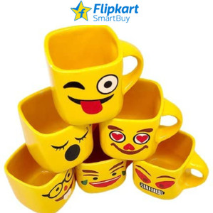 Flipkart SmartBuy Pack of 6 Ceramic Yellow Square smiley / Emojis Tea ...