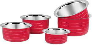 Nirvika Pack of 5 Stainless Steel Red Serving Bowl Handi Tope Tapeli ...